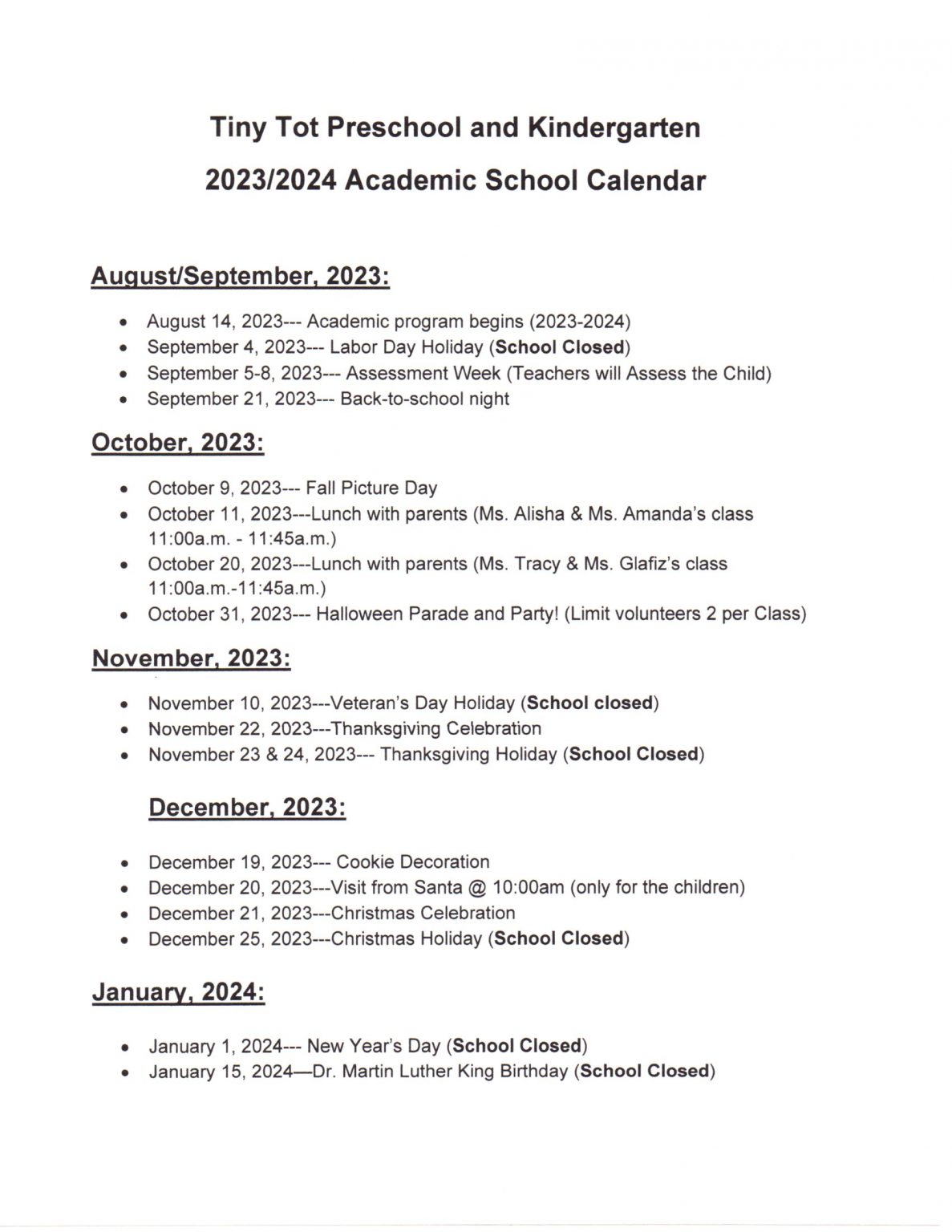 Tiny Tot Preschool & Kindergarten 2023/2024 Academic School Calendar ...