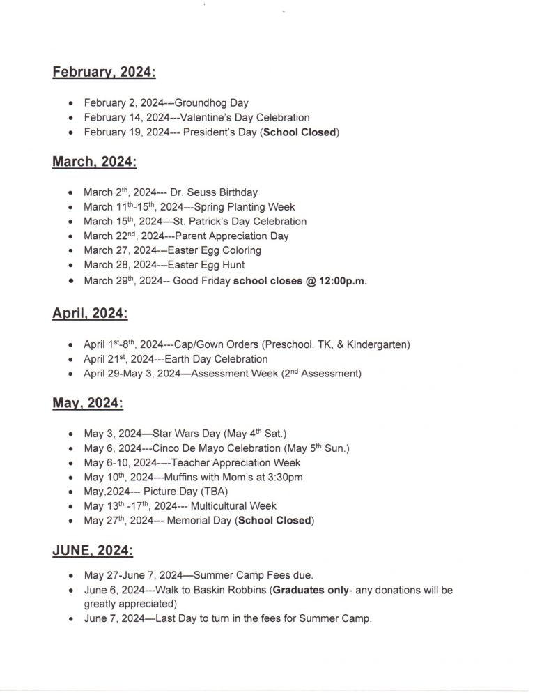 Tiny Tot Preschool & Kindergarten 2023/2024 Academic School Calendar ...